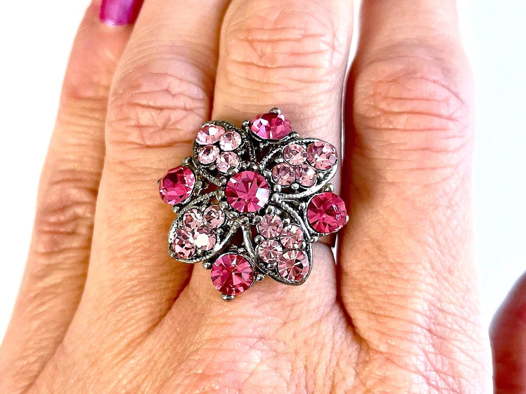 Vintage Adjustable Flower Cocktail Ring, Pink Rhinestone Cluster ...