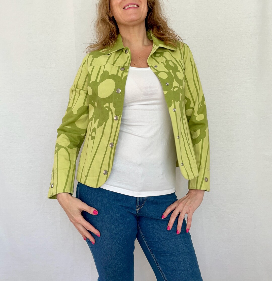 MARIMEKKO Vintage Denim Jacket, Green Printed Jean Jacket, Size 38 ...