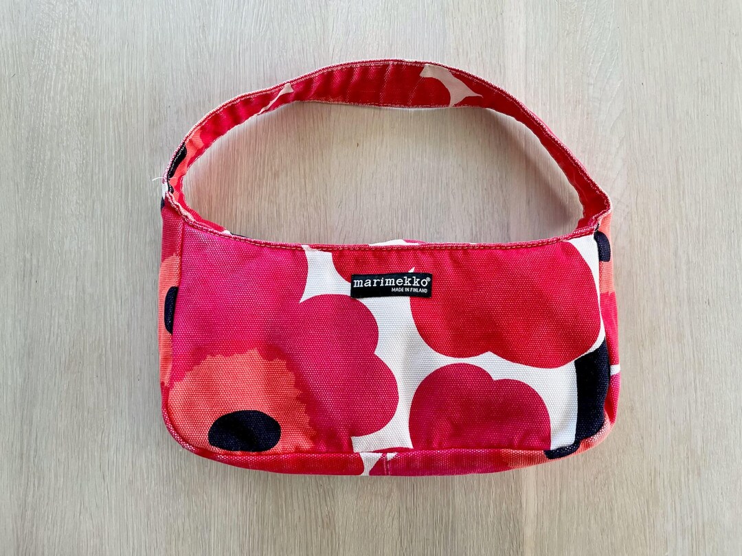 MARIMEKKO Unikko Vintage Bag, Poppy Print Baguette Bag, Red Canvas ...