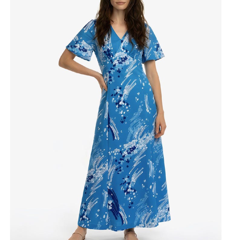 Vintage 70s Blue Floral Maxi Dress: Barbarella Mod Flutter Sleeve Gown ...