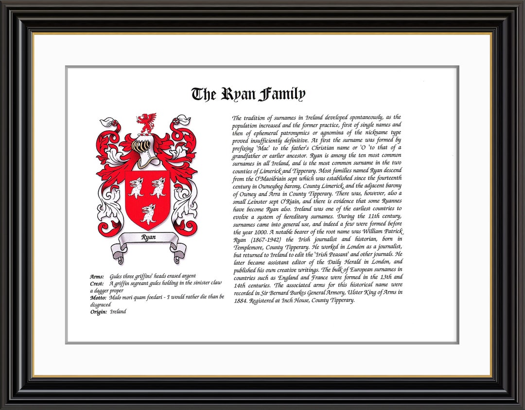 Ryan Family Coat of Arms and Family History Print - Etsy