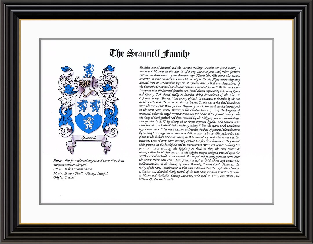 Scannell Family Coat of Arms and Family History Print - Etsy