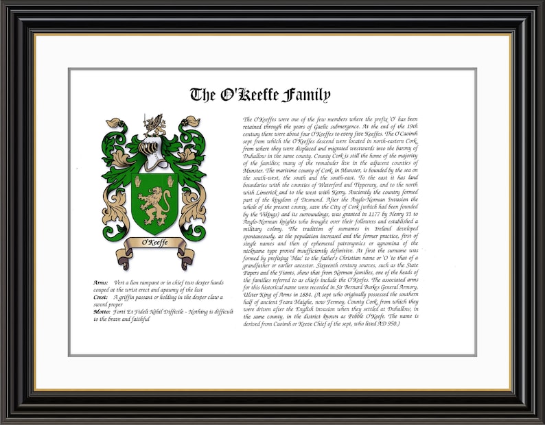 O' Keeffe Family Coat of Arms and Family History Print - Etsy