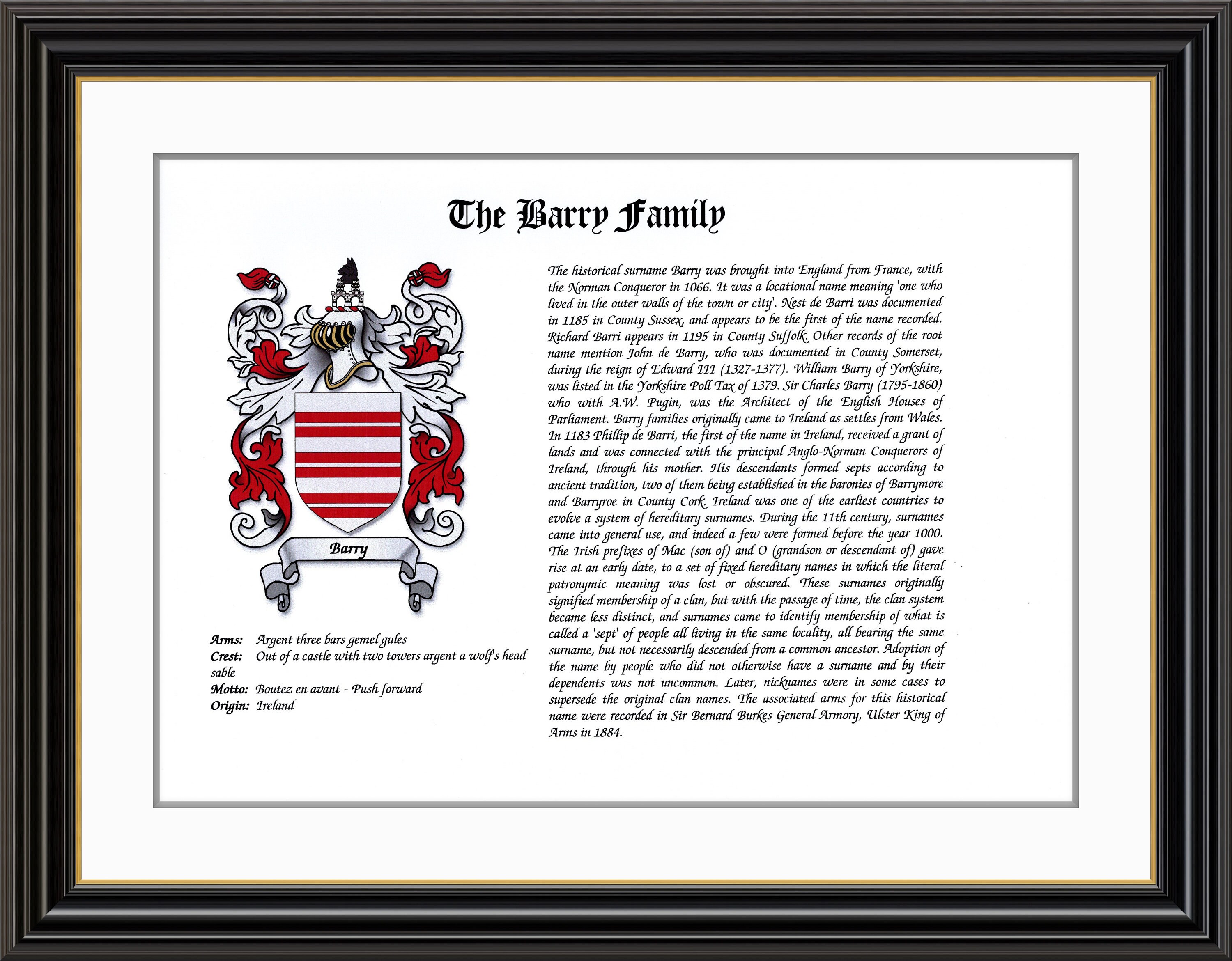 Barry Family Coat of Arms and Family History Print - Etsy
