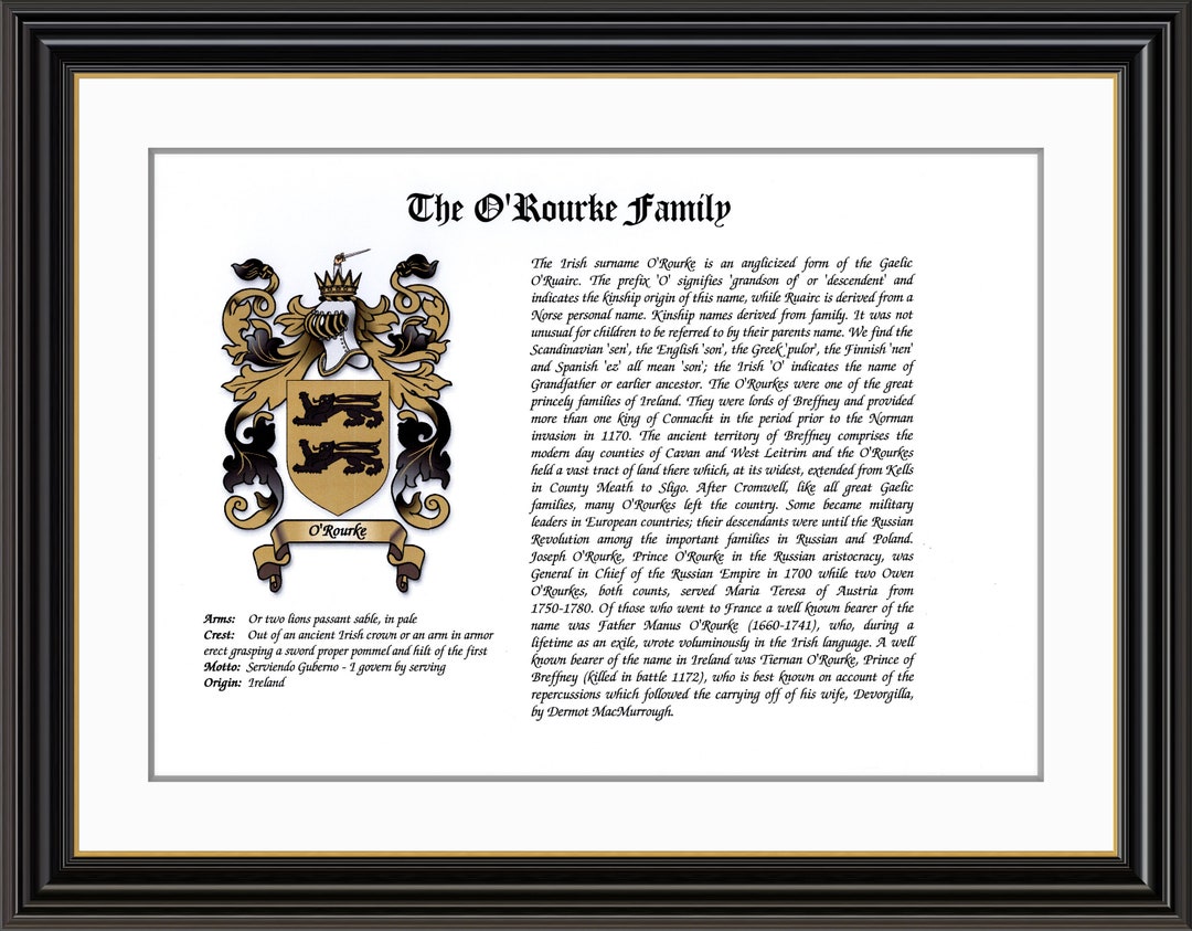 O' Rourke Family Coat of Arms and Family History Print - Etsy