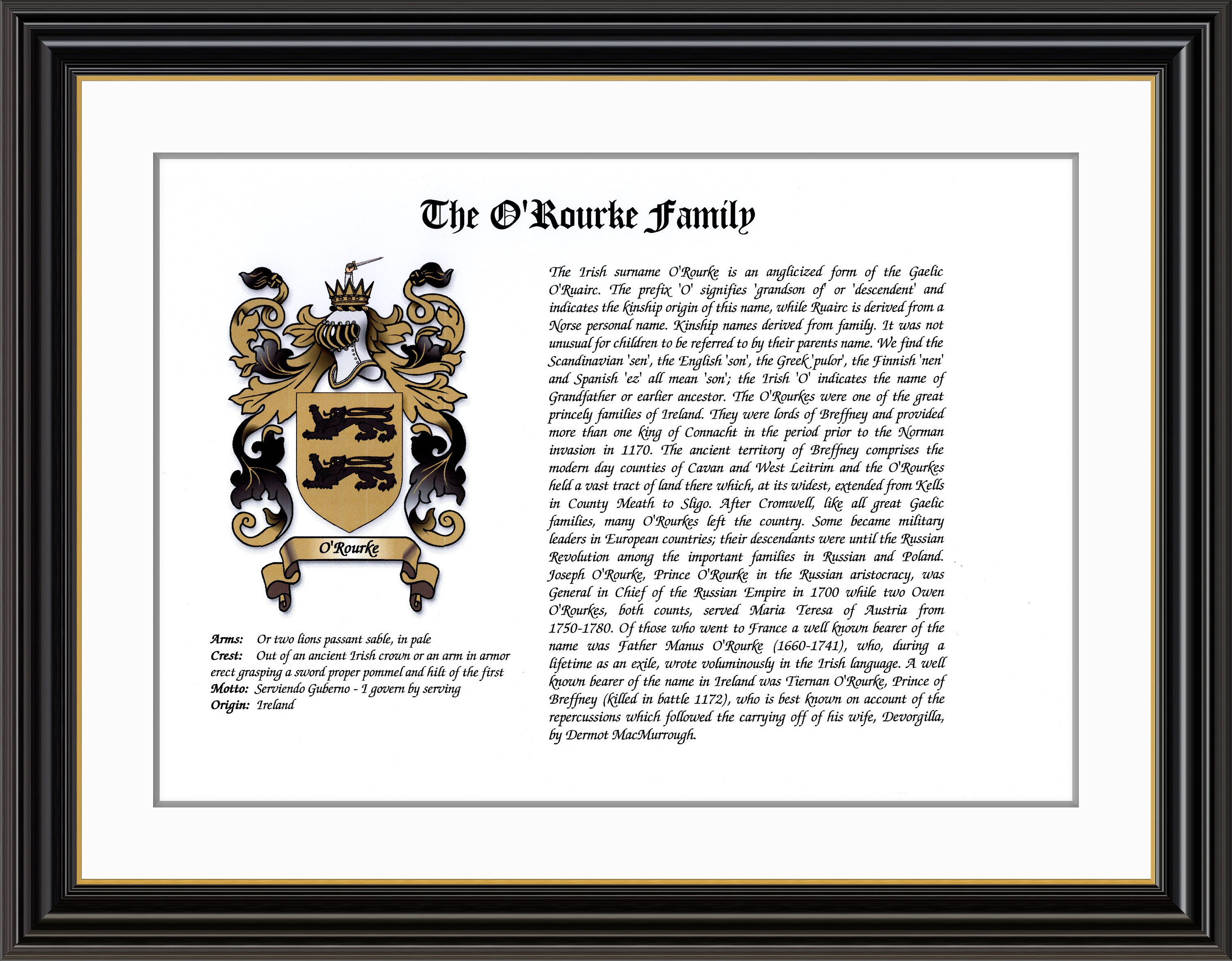 O' Rourke Family Coat of Arms and Family History Print - Etsy