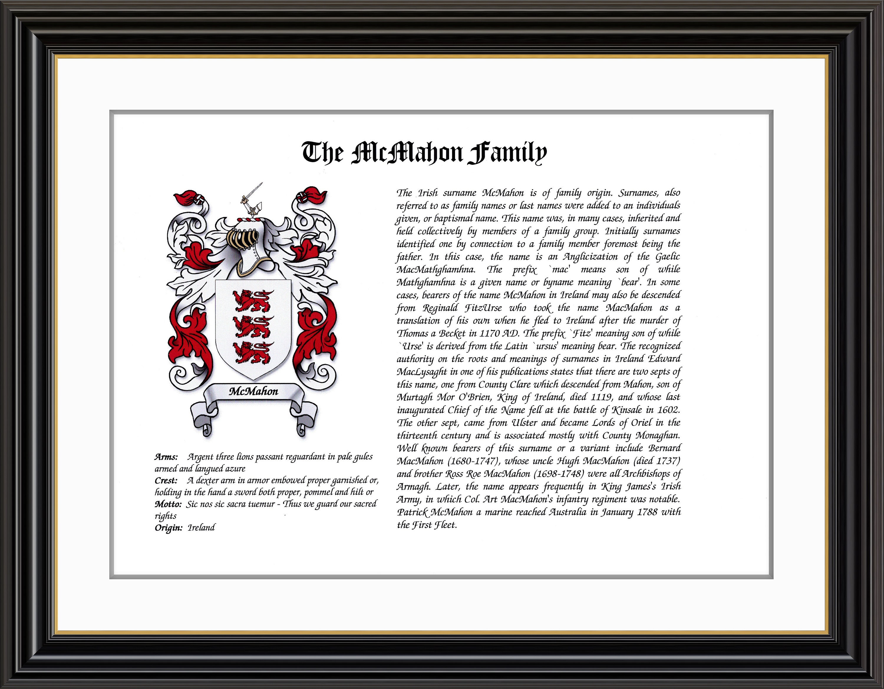 Mcmahon Family Coat of Arms and Family History Print - Etsy