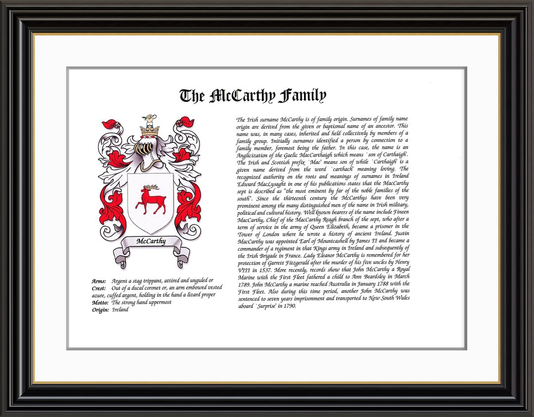 Mccarthy Family Coat of Arms and Family History Print - Etsy