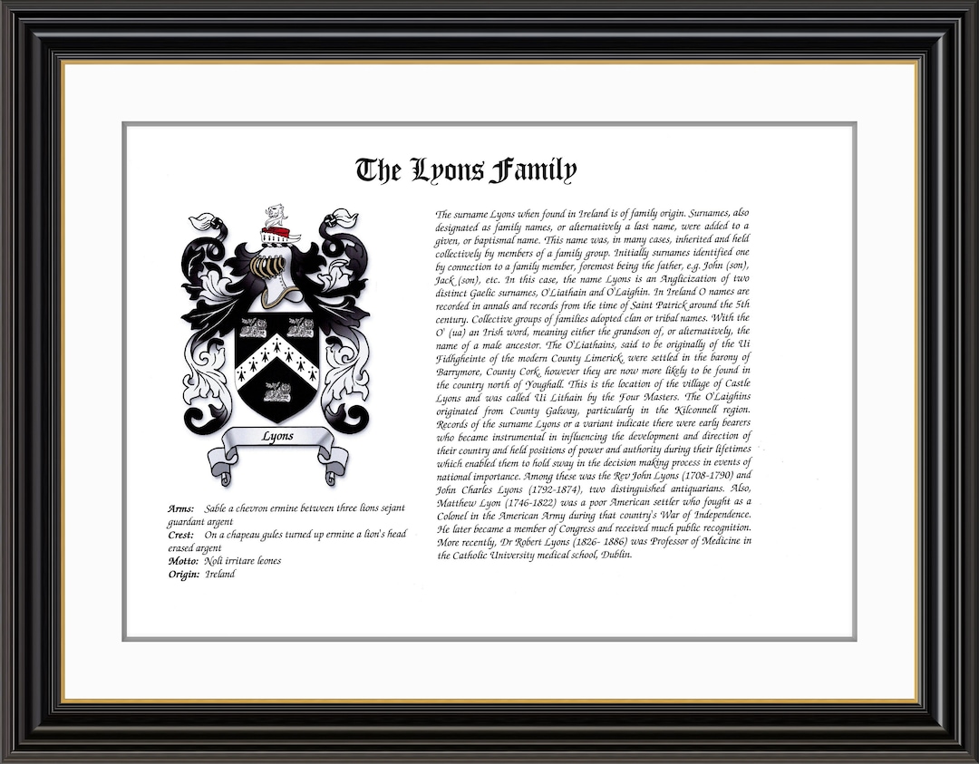 Lyons Family Coat of Arms and Family History Print - Etsy