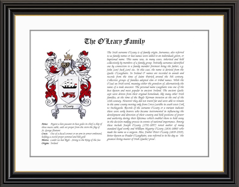 O' Leary Family Coat of Arms and Family History Print - Etsy
