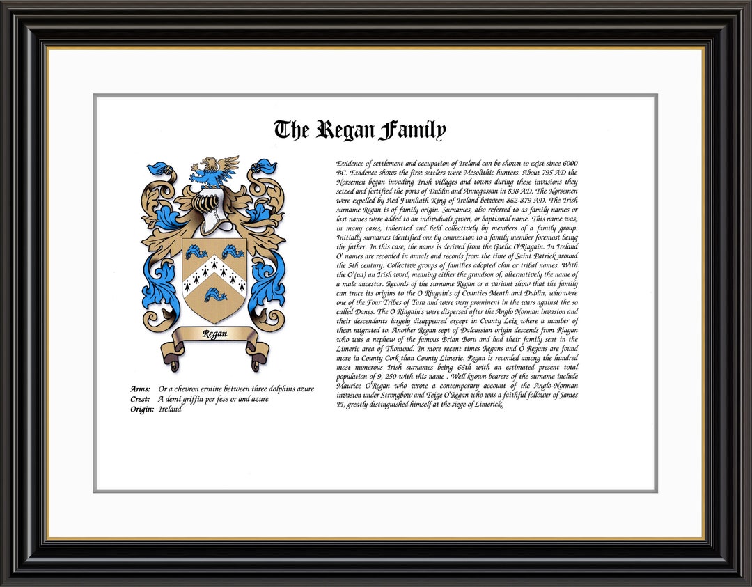 Regan Family Coat of Arms and Family History Print - Etsy