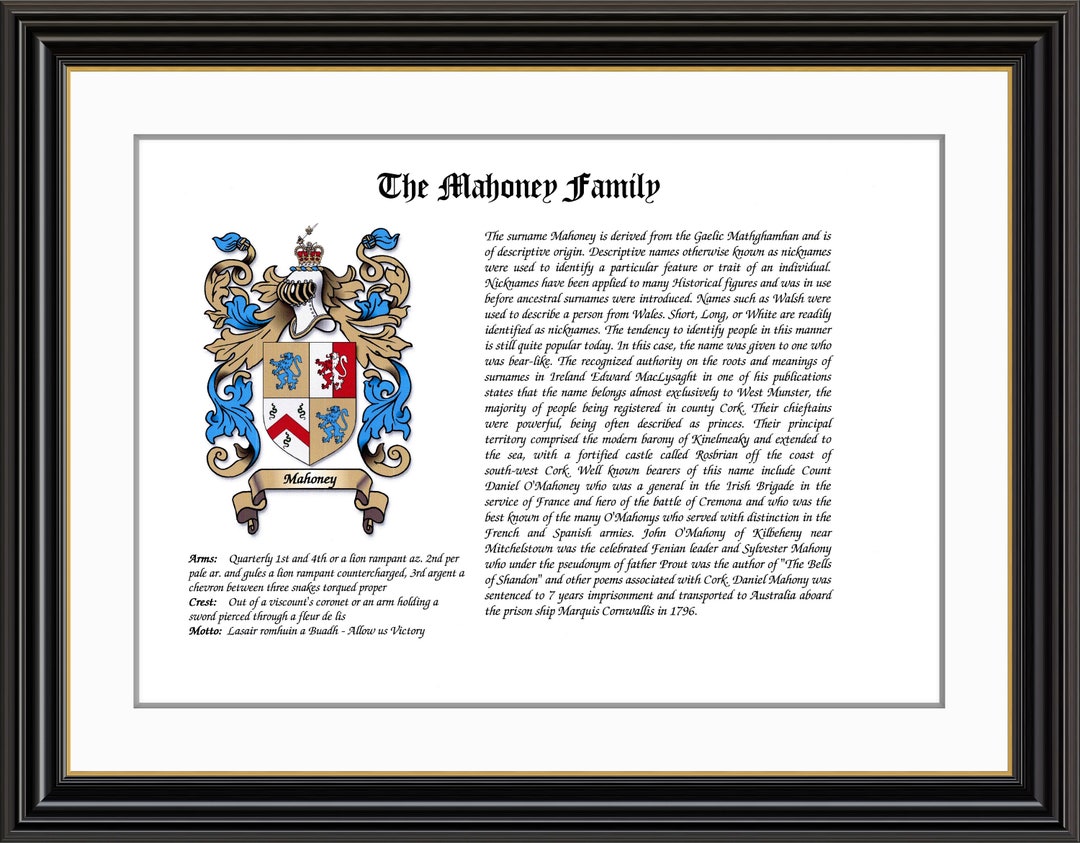 Mahoney Family Coat of Arms and Family History Print - Etsy