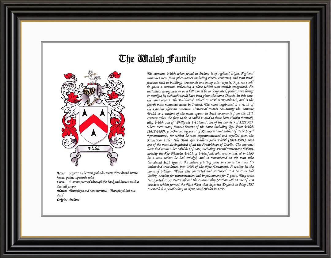 Walsh Family Coat of Arms and Family History Print - Etsy