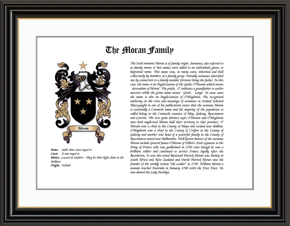 Moran Family Coat of Arms and Family History Print - Etsy UK
