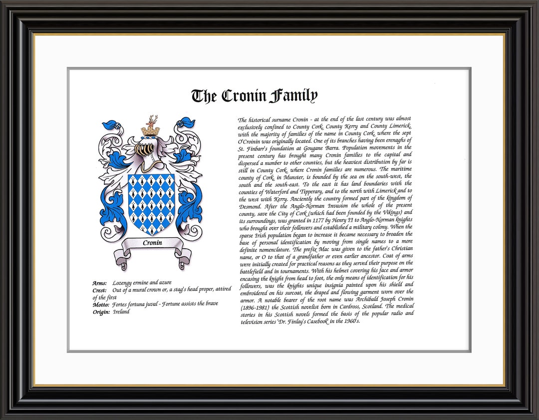 Cronin Family Coat of Arms and Family History Print - Etsy New Zealand