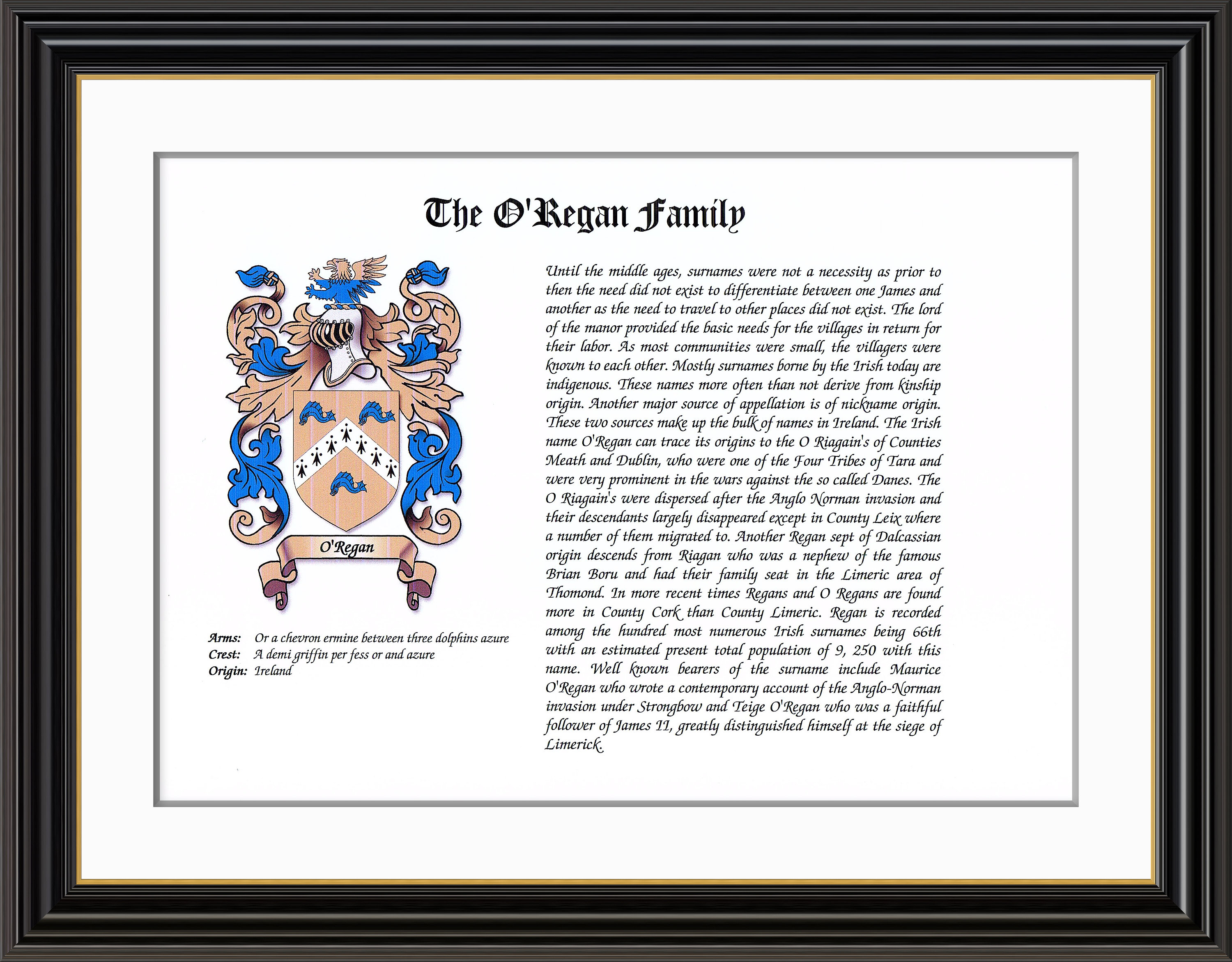 O' Regan Family Coat of Arms and Family History Print - Etsy