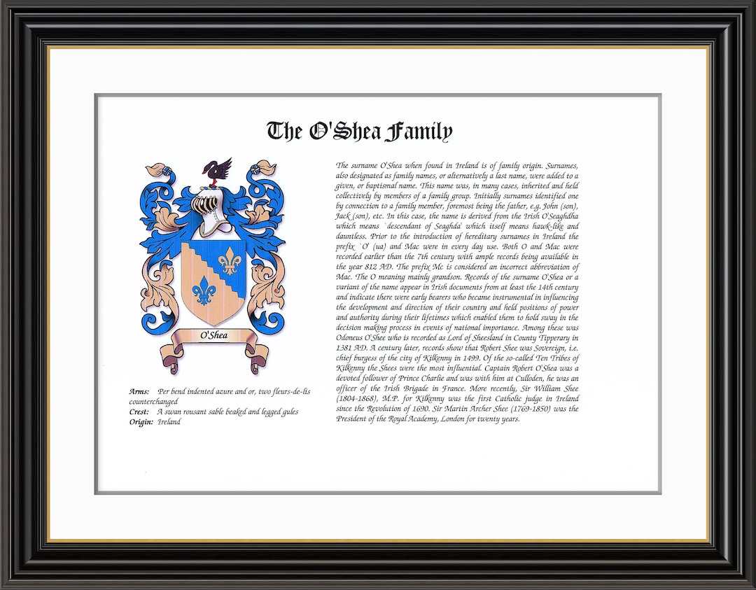 O'shea Family Coat of Arms and Family Surname History Print - Etsy UK
