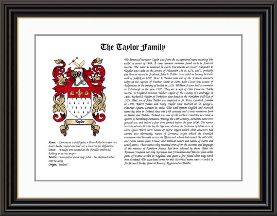 Taylor Family Coat of Arms and Family History Print | Etsy