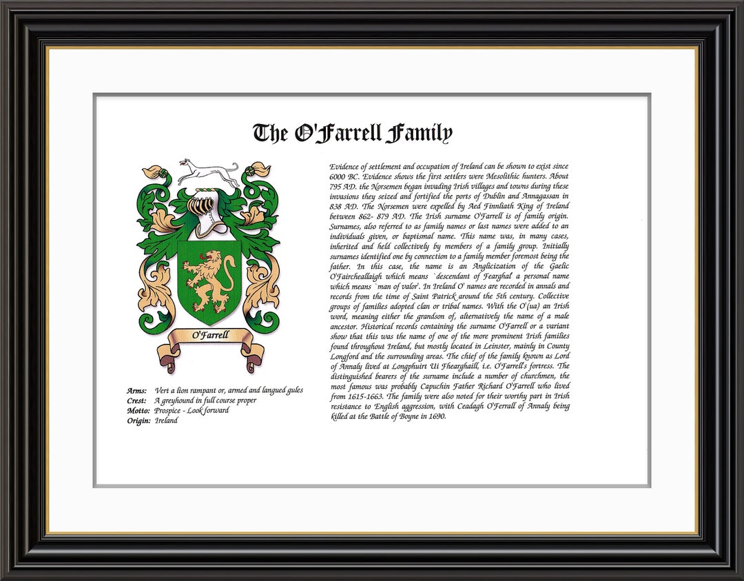 O' Farrell Family Coat of Arms and Family History Print - Etsy