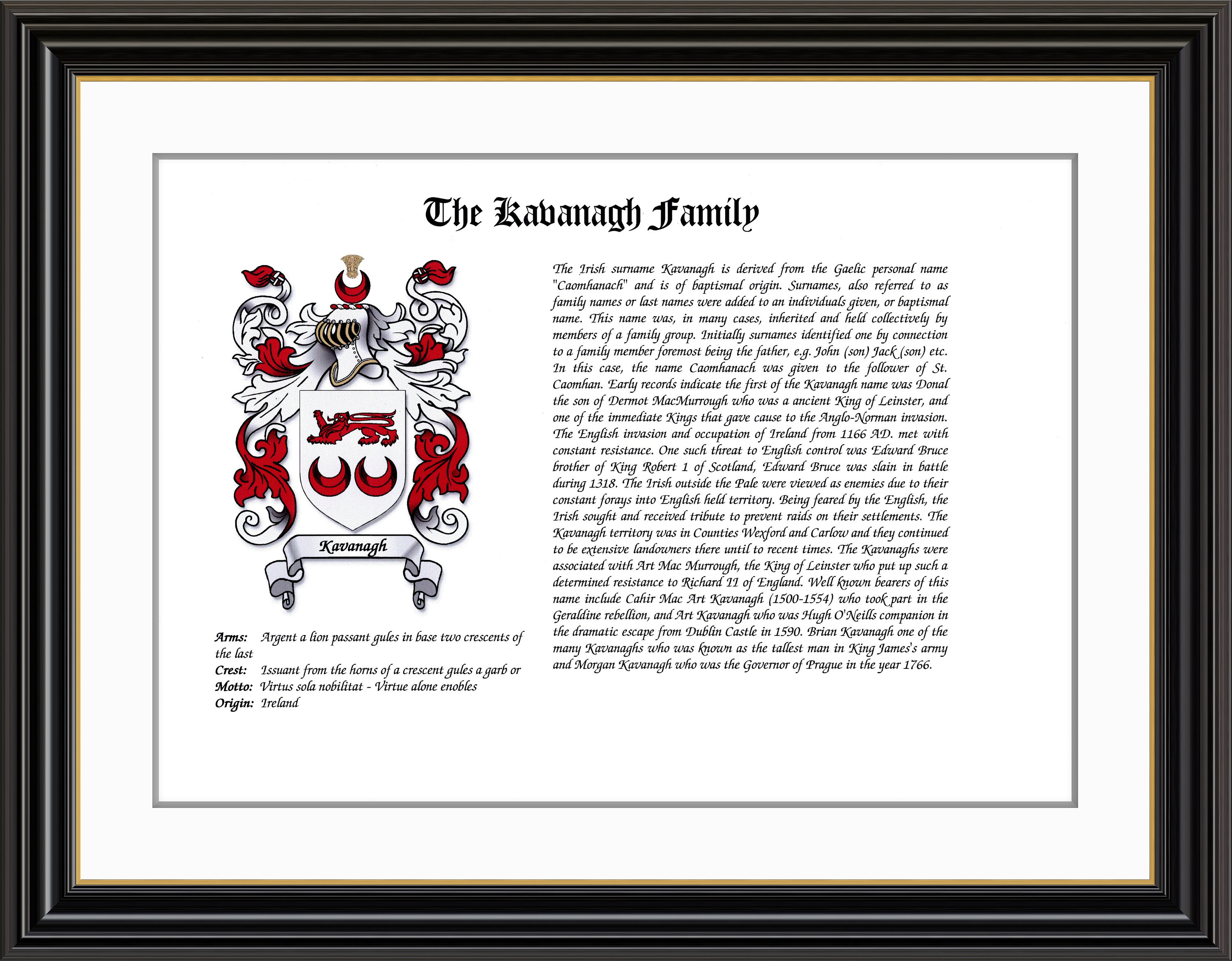 Kavanagh Family Coat of Arms and Family History Print - Etsy