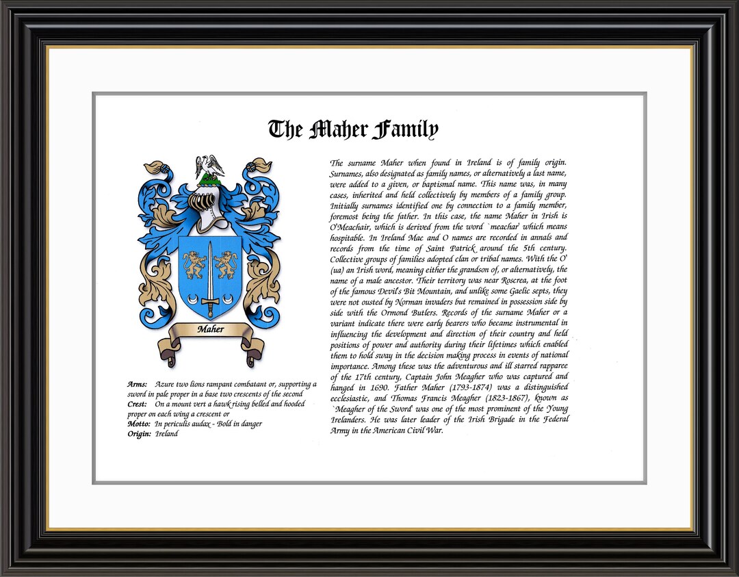 Maher Family Coat of Arms and Family History Print - Etsy