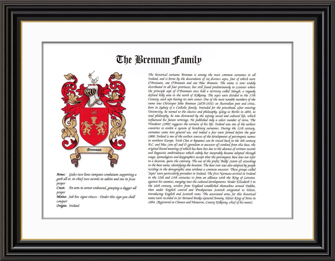 Brennan Family Coat of Arms and Family History Print - Etsy