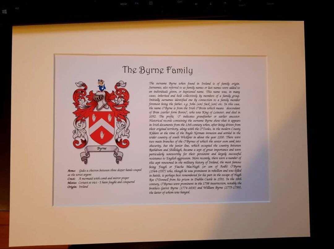Byrne Surname Coat of Arms and Family History. A4 Size in White Photo ...