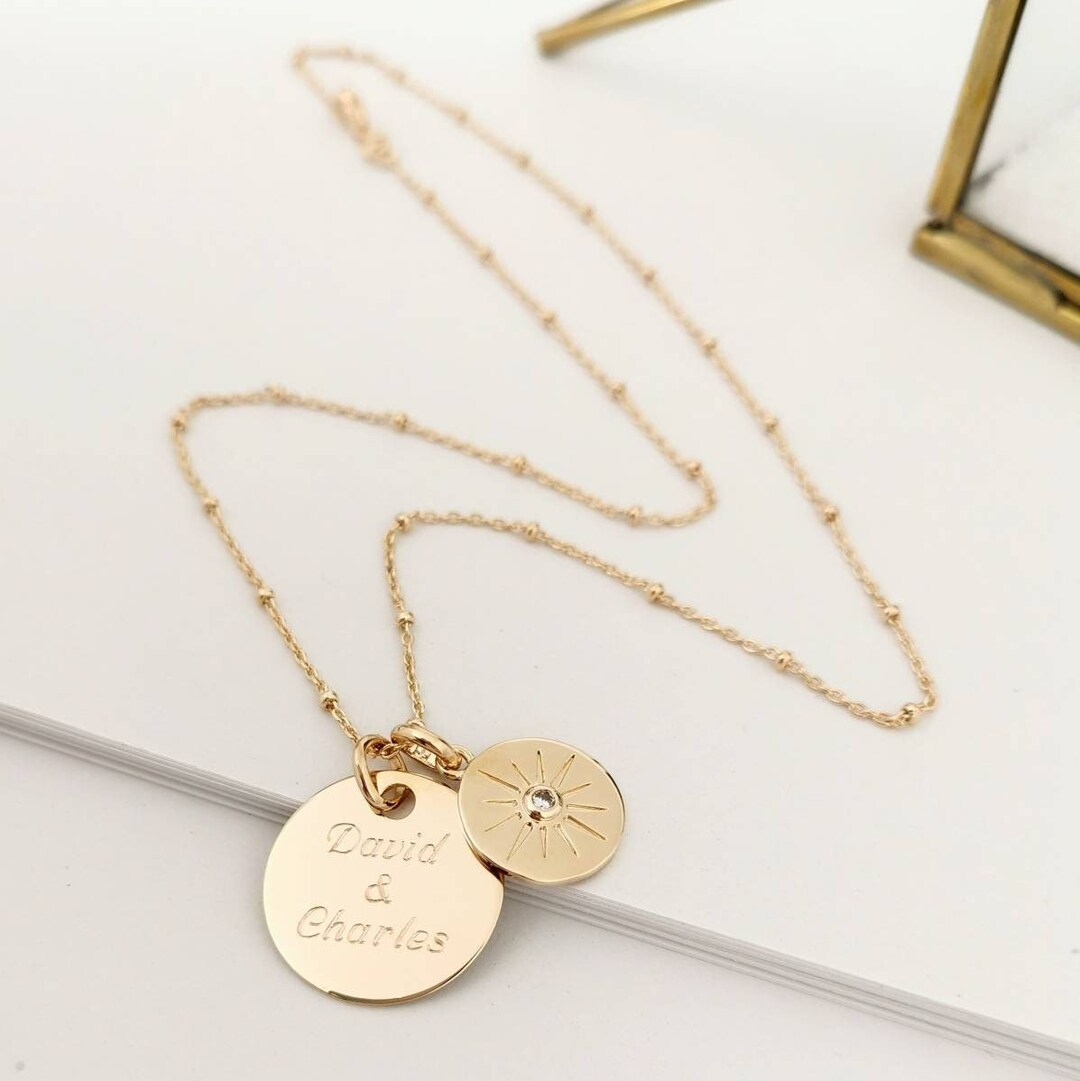 Personalized Double Medal Necklace Gold Plated Engraved Jewelry Unique ...