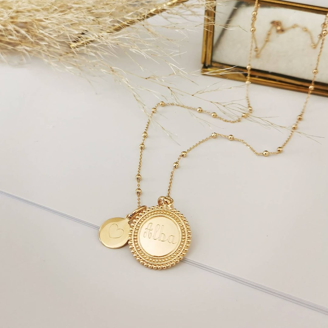 Personalized Gold Plated Double Medal Necklace With Engraving Unique ...