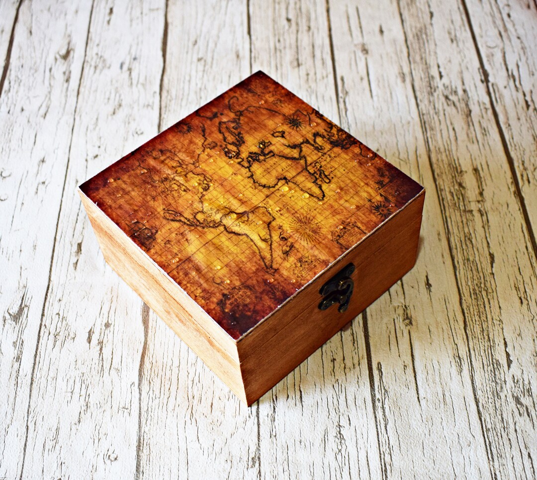 Vintage World Map Jewellery Box, World Map Personalized Wood Box Gift ...