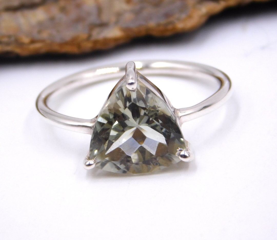 2.40 Gm Natural Prasiolite Trillion Cut Ring ,925 Solid Sterling Silver ...