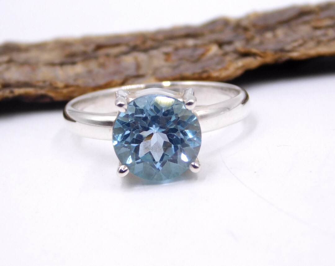 3.20 Gm Natural Blue Topaz Round Cut Stone Ring ,925 Solid Sterling ...