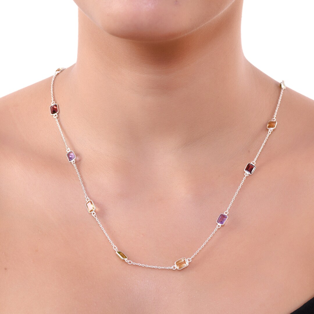 8.50 Gm Natural Multi Cut Octagon Stone Necklace, 925 Sterling Silver ...