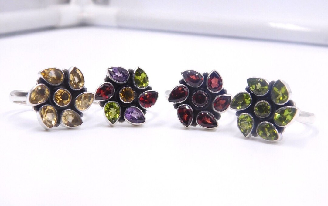 Multi Cut Stone Ring, Natural Peridot, Garnet Ring, Wedding Silver Ring ...