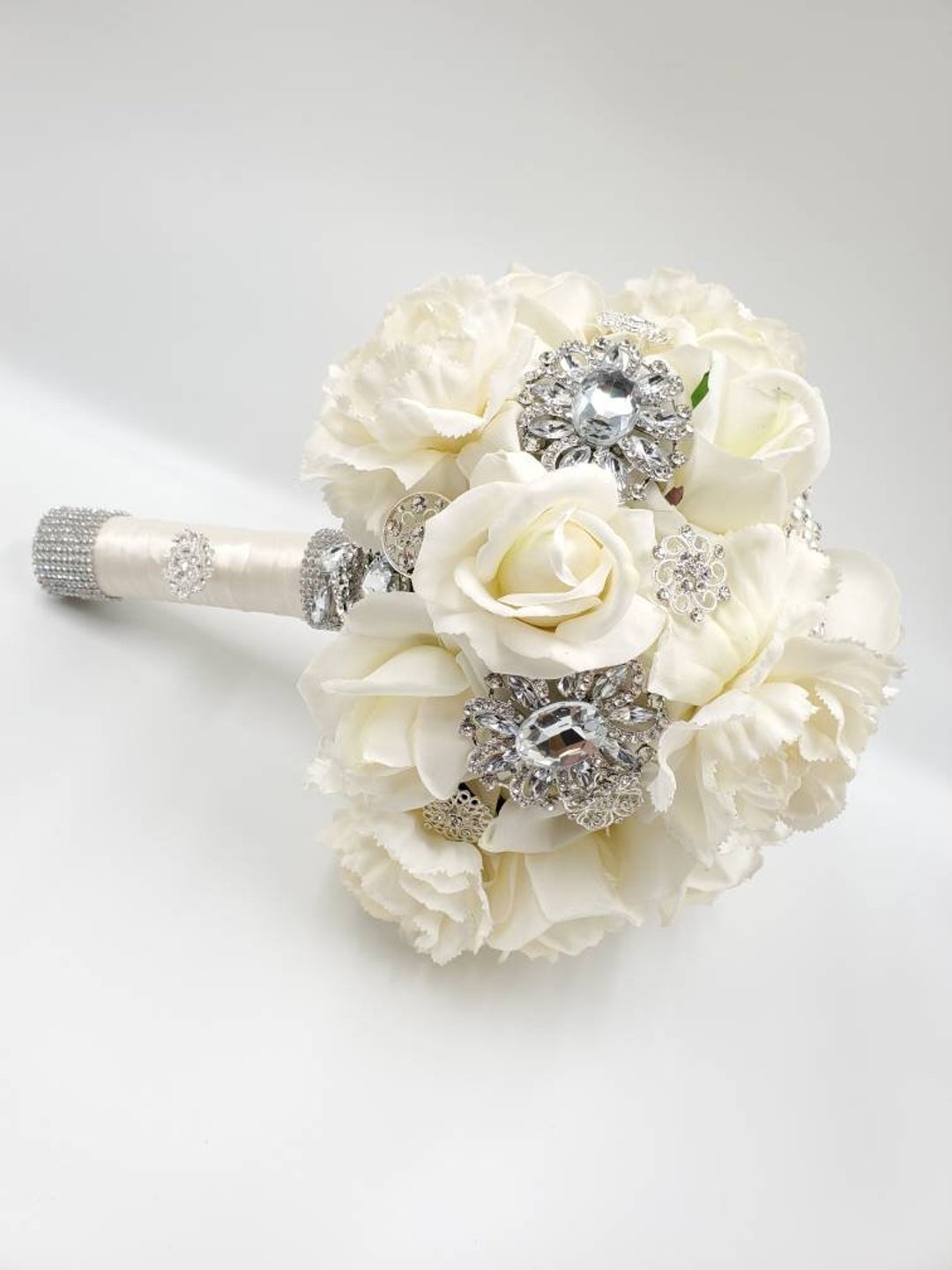 Classic Ivory Rose & Carnation Brooch Bouquet, Real Touch Bouquet ...