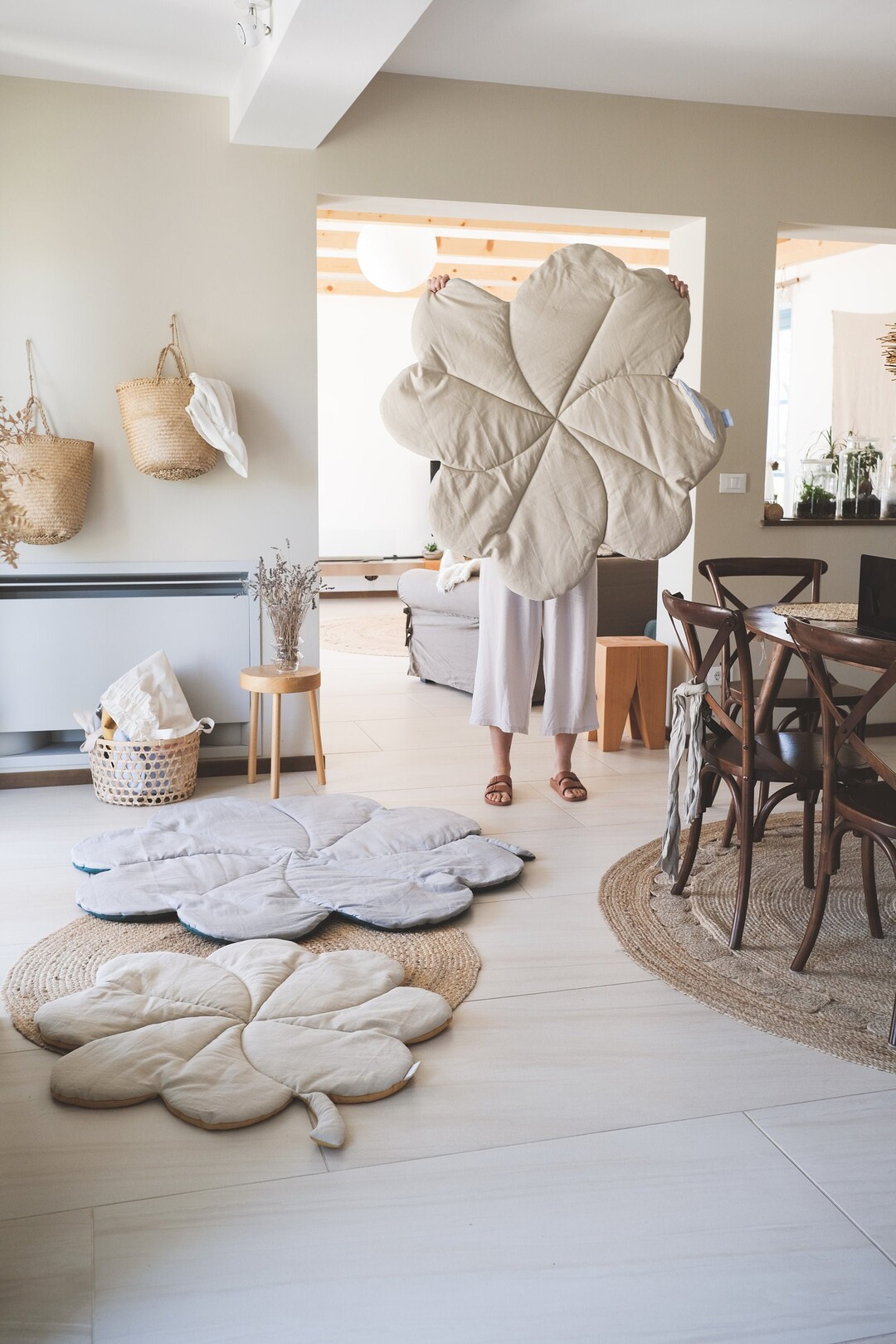 M Size Clover Leaf Mat Natural Linen Mat Decorative Rug Room Decor Bed ...