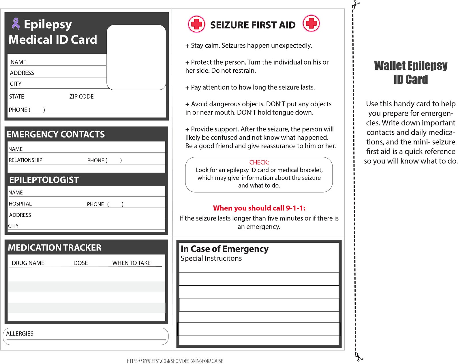 Epilepsy Medical Alert ID Card, Pocket Wallet ID, School Form ...
