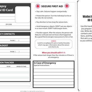 Epilepsy Medical Alert ID Card, Pocket Wallet ID, School Form ...