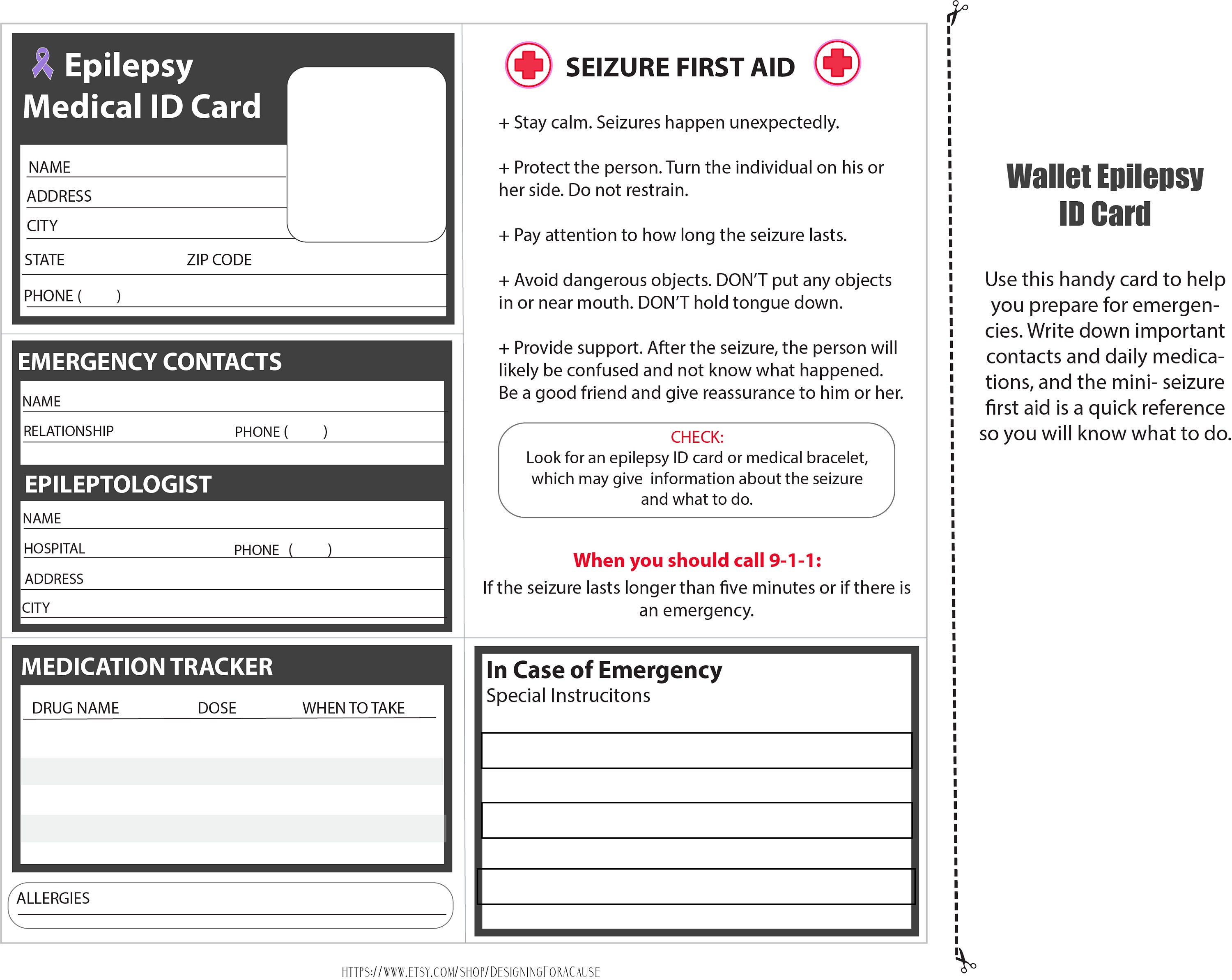 Epilepsy Medical Alert ID Card, Pocket Wallet ID, School Form ...