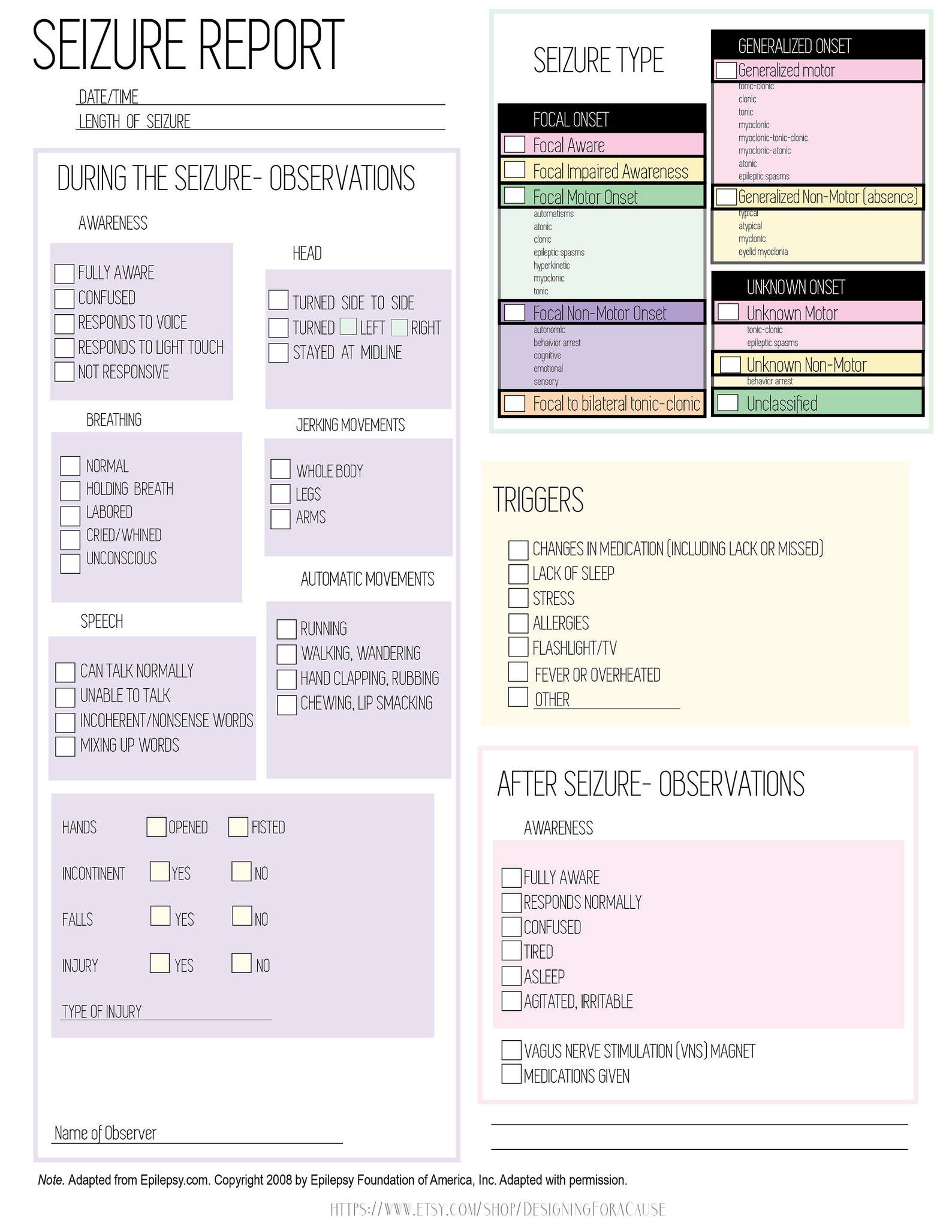 Seizure Tracking Kit, Seizure Diary, Medical Printables, Epilepsy - Etsy