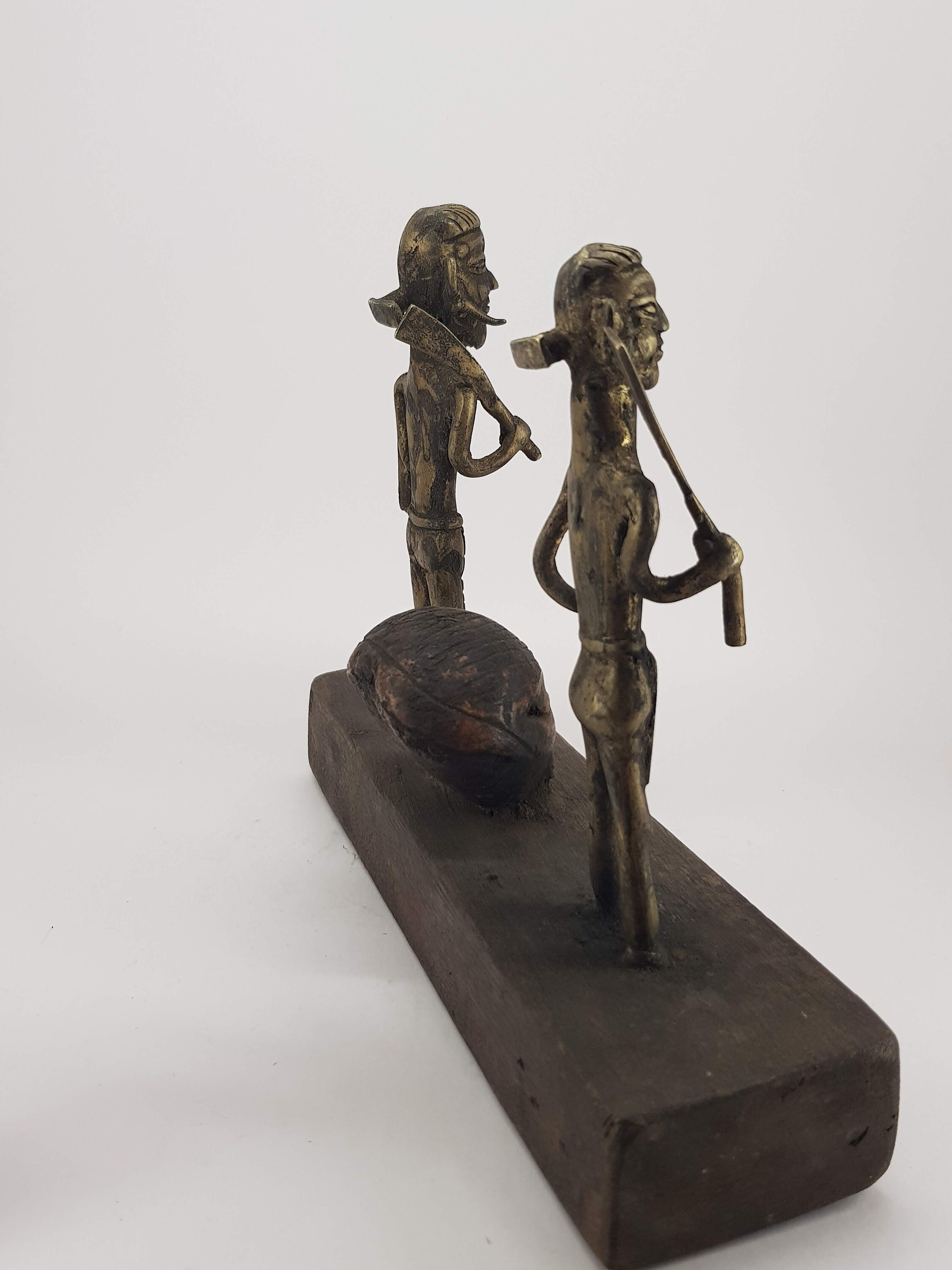 Naga, India, Burma: Two Brass Figures and Wooden Head on an Old Wooden ...