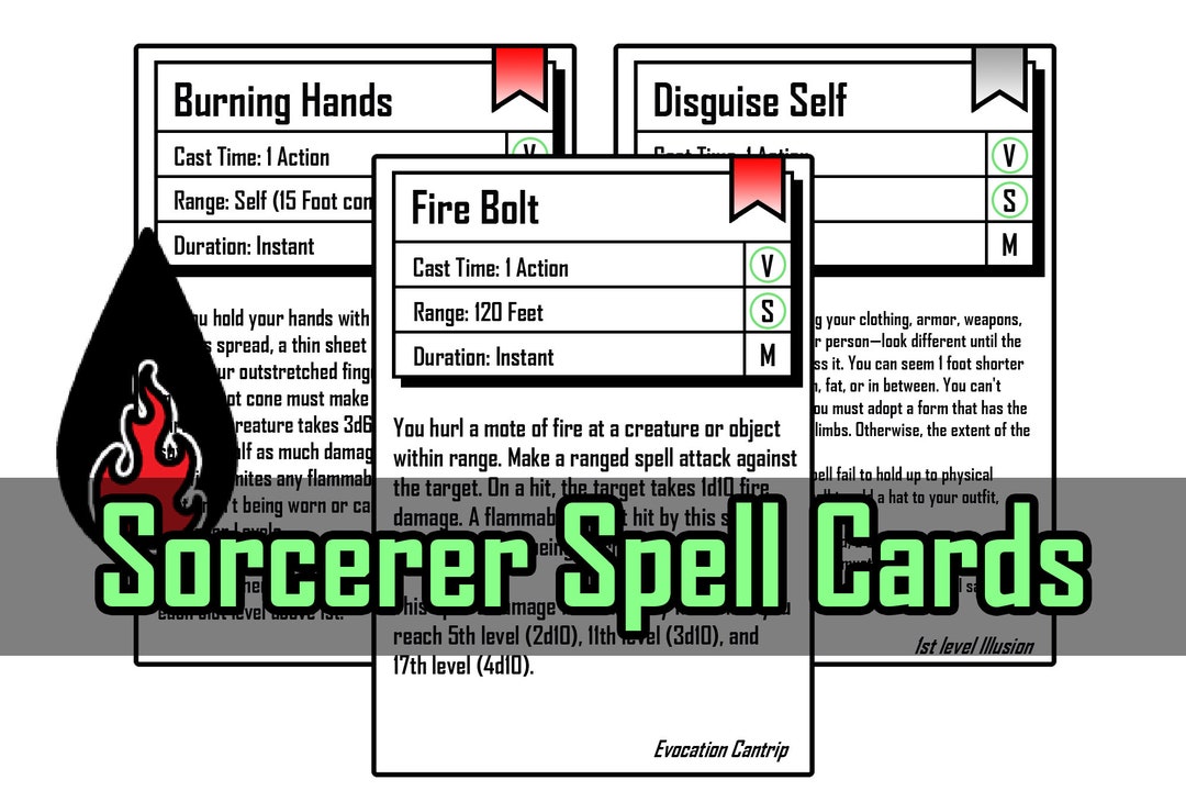 Dnd 5e Sorcerer Spell Cards Levels 0, 1 - Etsy UK