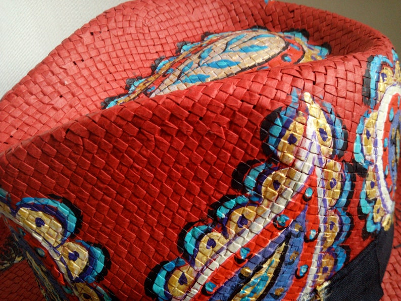 Unisex straw panama style hat with handmade paintings from | Etsy