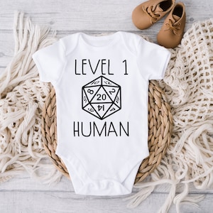 Level One Human Baby Bodysuit, MMO, RPG, Twenty Sided Die, Baby Shower ...