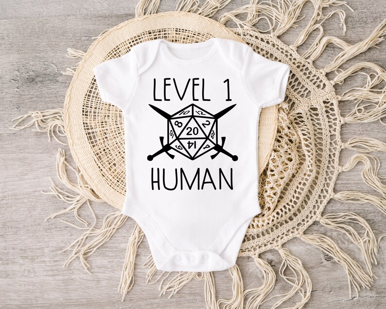 Level One Human Baby Bodysuit, MMO, RPG, Twenty Sided Die, Baby Shower ...