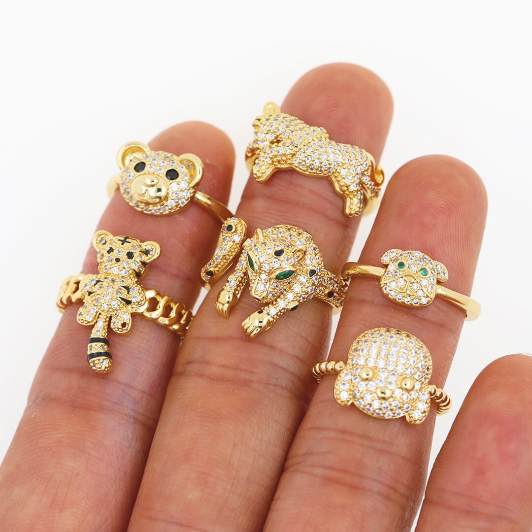Leopard Head Dog Head Rings,18k Gold Filled Micropavé CZ Leopard Head ...