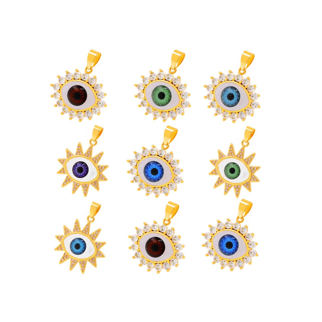 18K Filled Gold CZ Big Blue Turkey Devil Eyes Charm, Eyes Pendant,gold ...