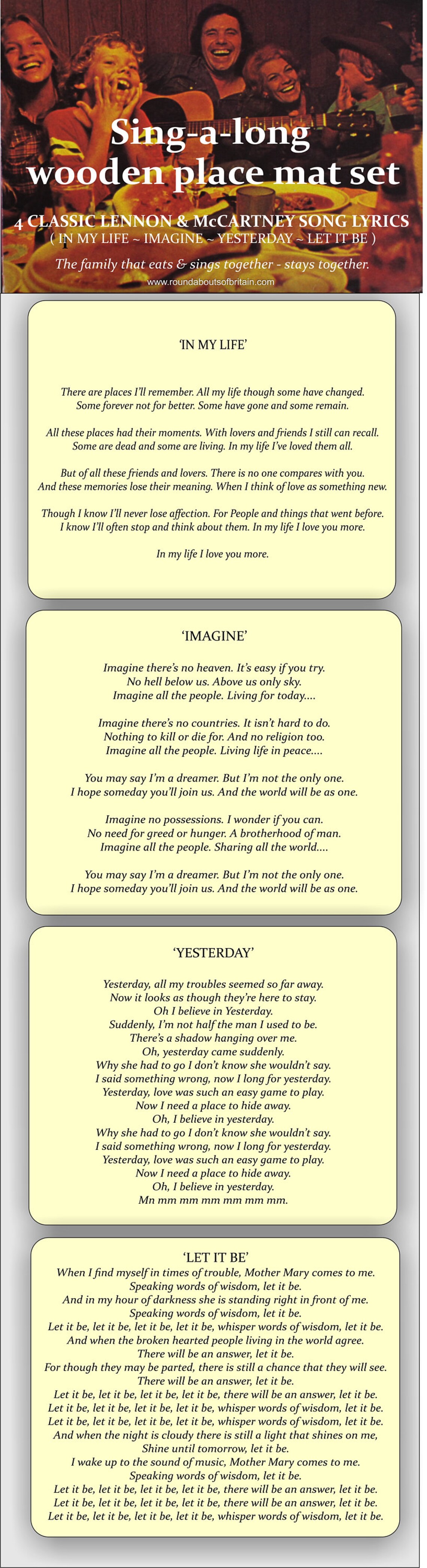 Sing Along Place Mat Set of Four. Beatles Classics lennon & - Etsy