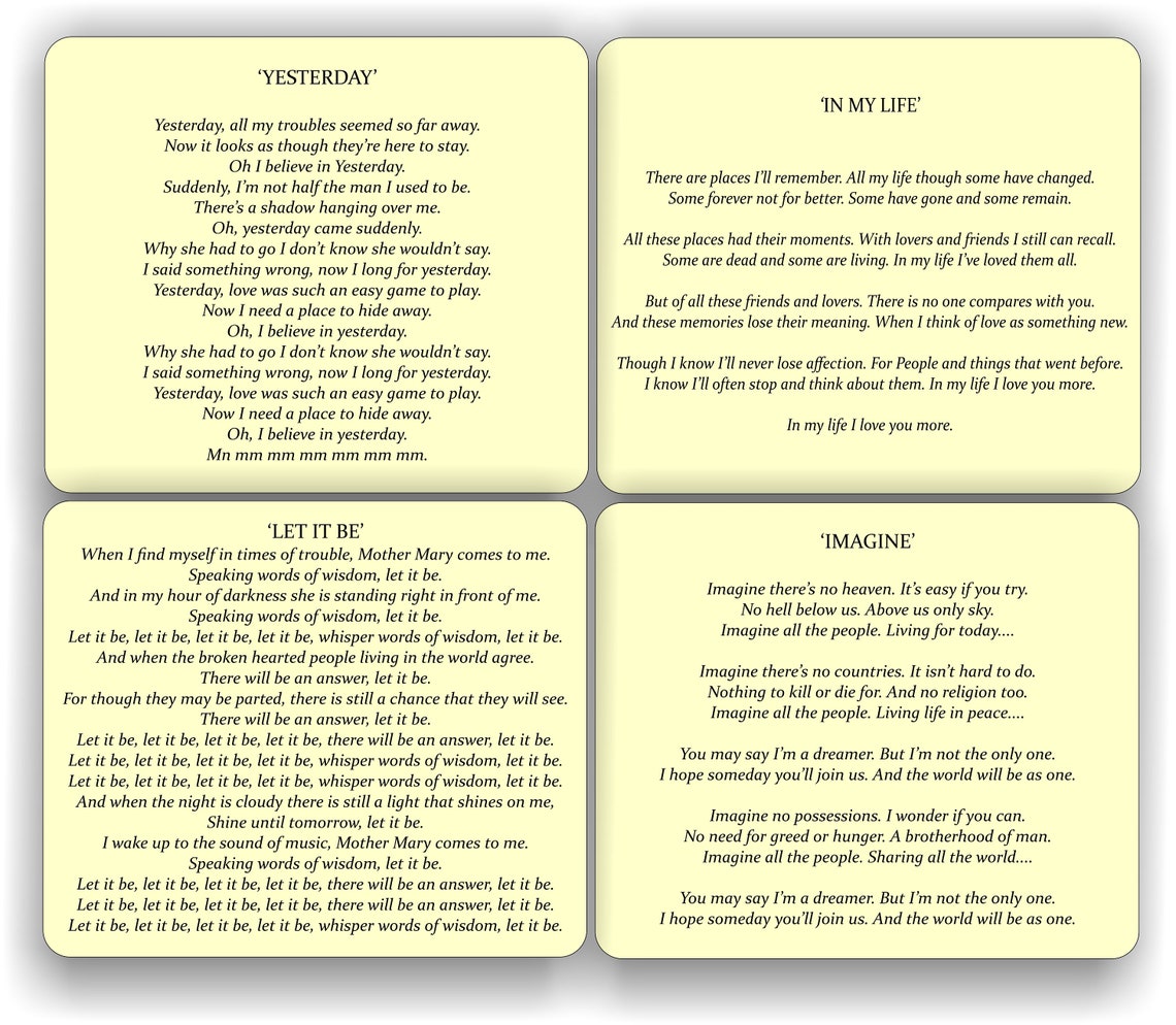 Sing Along Place Mat Set of Four. Beatles Classics lennon & - Etsy