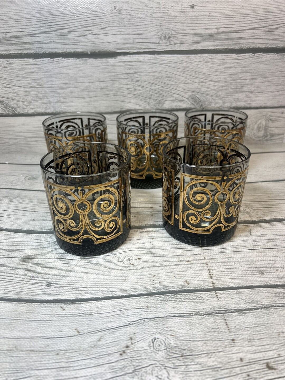 MCM Baroque Ebony Smoky Black Gold Old Fashioned High Ball 3.5 Glasses ...